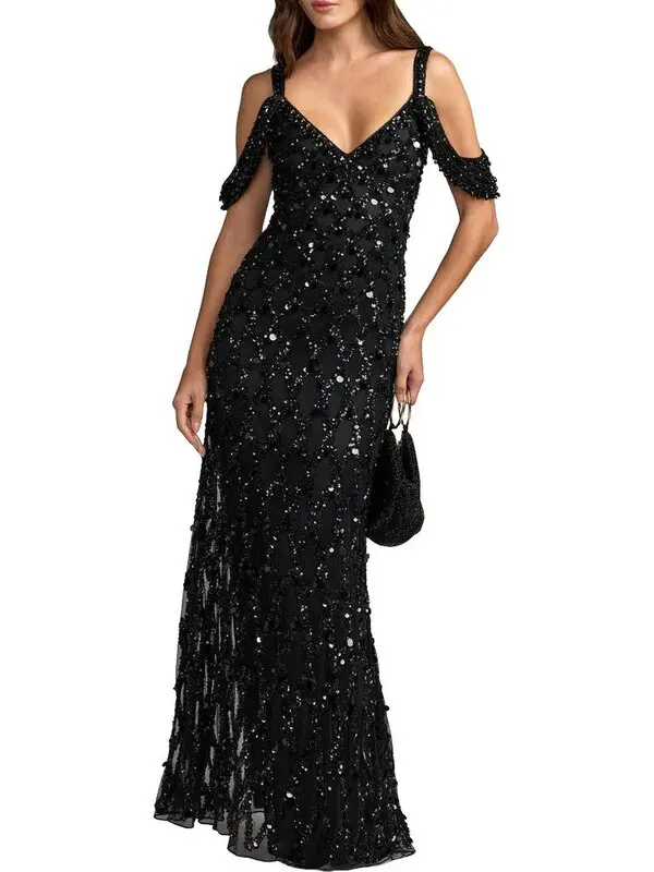 Mac Duggal Sequin Embellished V-neck Gown - Black