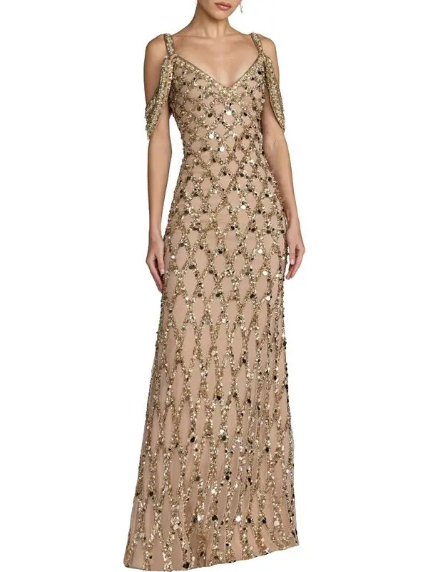 Mac Duggal Sequin Embellished V-neck Gown - Gold