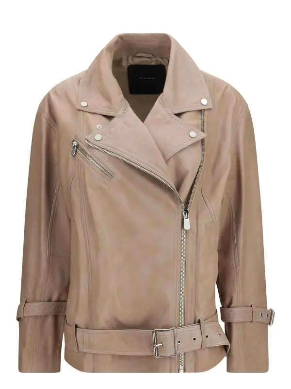 Pinko Belted Leather Biker Jacket - Beige