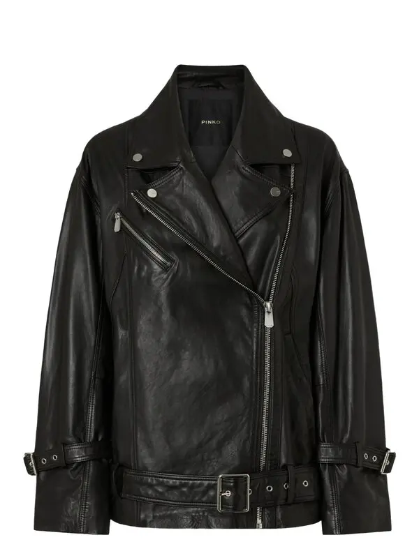 Pinko Belted Leather Biker Jacket - Black