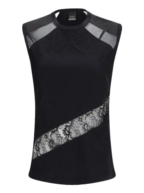 Pinko Molly Sleeveless Top With Lace And Tulle Inserts - Black