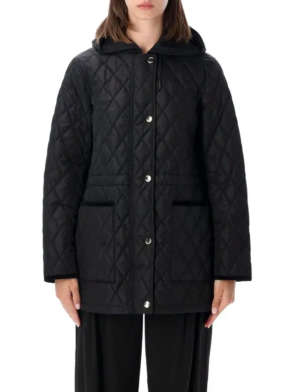 Burberry Quilted Nylon Parka Jacket With Drawstring Waist And Hood - Black/sand Ip Check