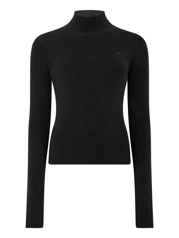 GANNI Fitted Wool Turtleneck Cropped Sweater - Black