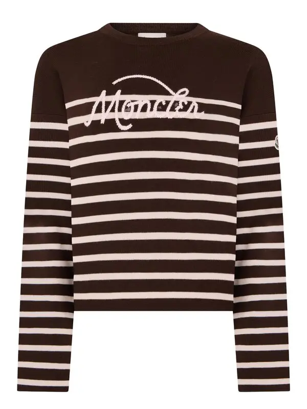 Moncler Striped Logo Long Sleeve Wool Sweater - Brown