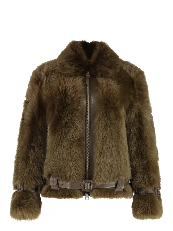 TOM FORD Fur And Leather Moto Jacket With Belted Cuffs - Green