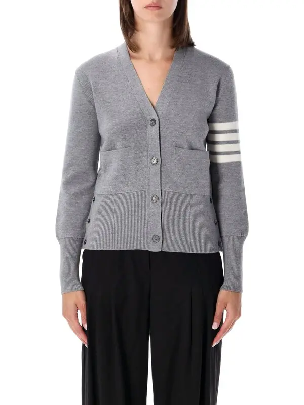 Thom Browne 4-bar Merino Wool V-neck Cardigan With Grosgrain Trim - Grigio