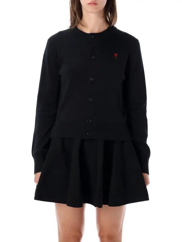AMI Paris Merino Wool Cardigan With Embroidered Of Coeur - Nero