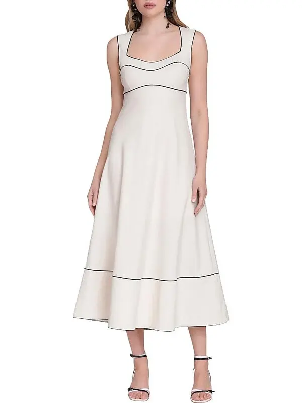 Avec Les Filles Stretch Linen Blend Midi Dress With Contrast Piping - Cream