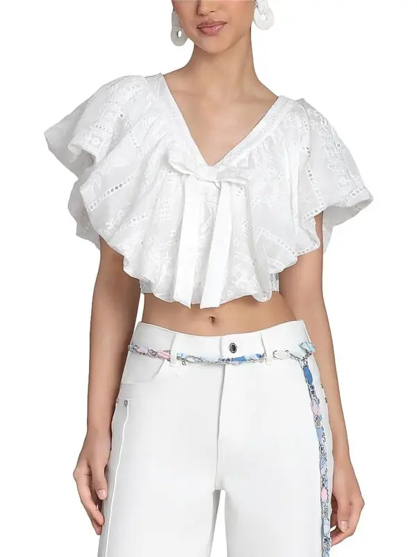 Avec Les Filles Embroidered Ruffle V-neck Cropped Top - White