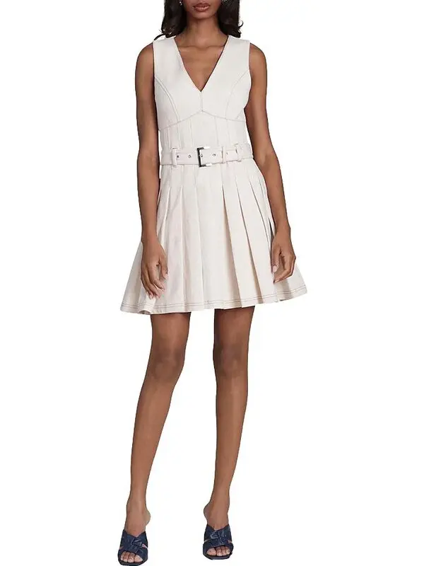 Avec Les Filles Stretch Cotton Pleated Mini Dress - Seeded Ecru