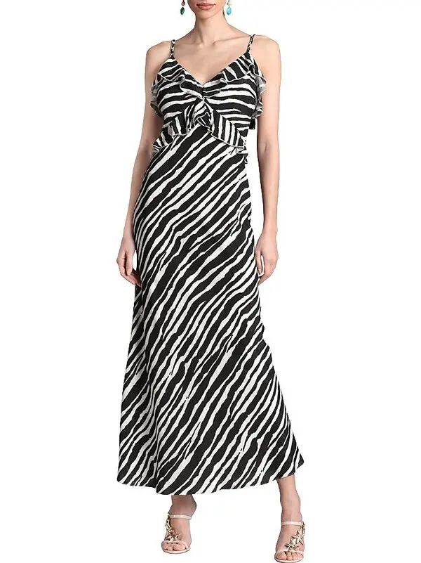 Avec Les Filles Braided Strap Ruffle Maxi Dress - Zebra Print