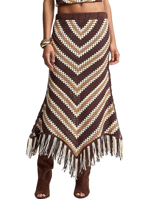 Avec Les Filles Chevron Crochet Maxi Skirt With Fringe - Brown Multi