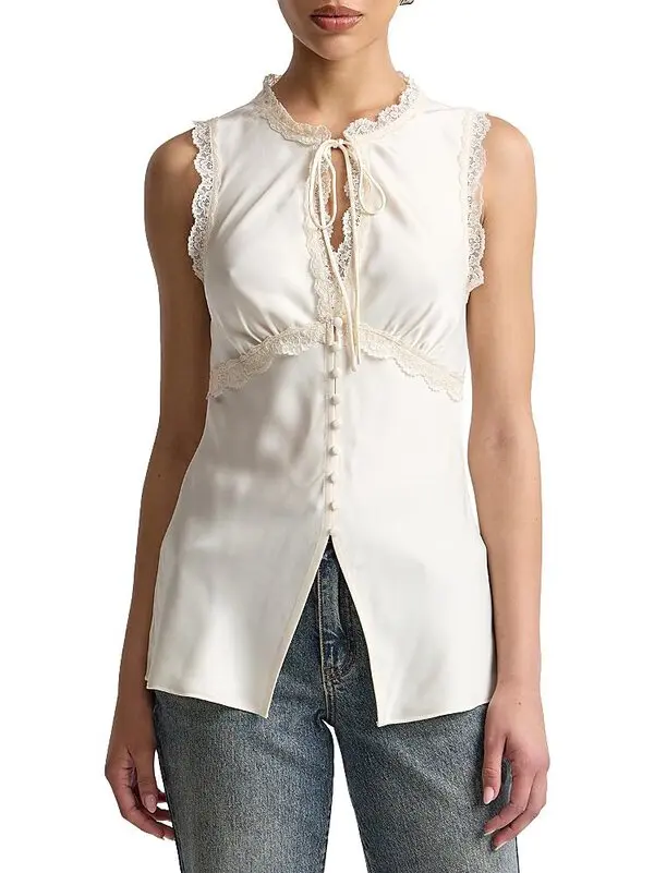 Avec Les Filles Satin Empire Waist Cutaway Top - Ivory