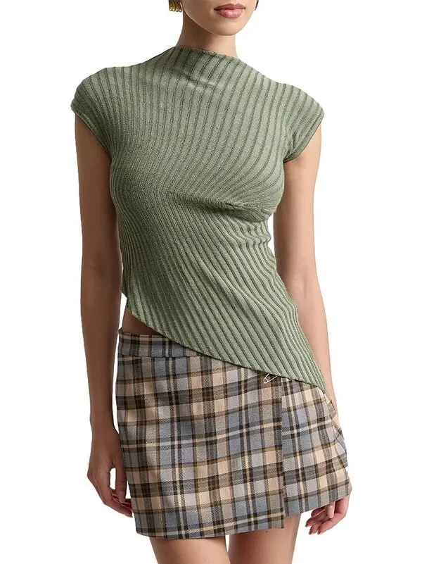 Avec Les Filles Asymmetric Ribbed Top - Olive Multi