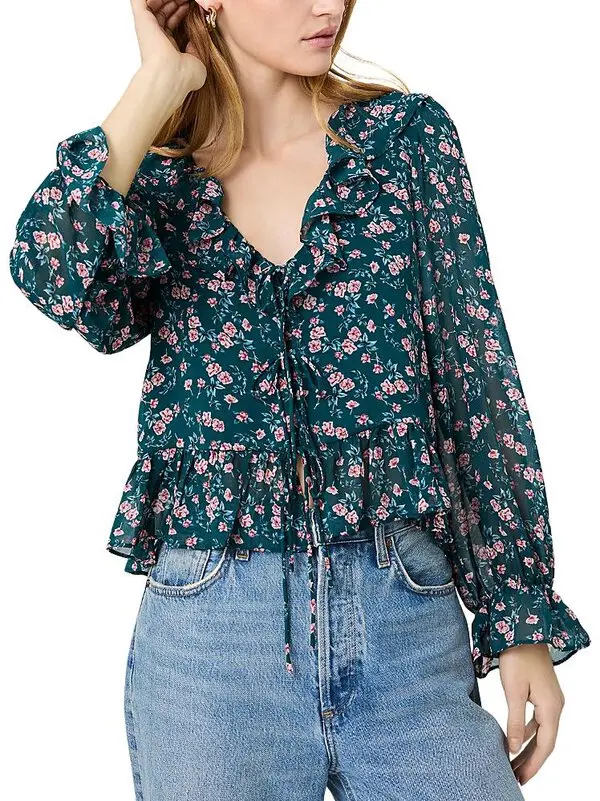 French Connection Marina Lucia Floral Ruffle Trim Blouse - Deep Teal Multi