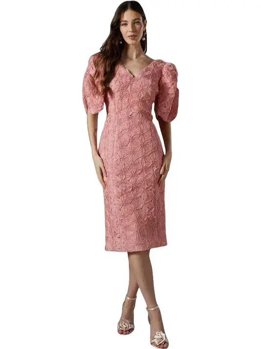Coast Floral Pleated Puff Sleeve Pencil Dress - Blush