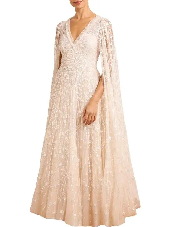 NEEDLE & THREAD Embellished Cape V-neck Maxi Dress - Cream