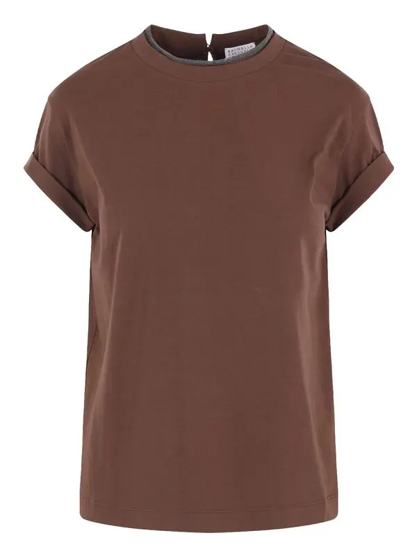 Brunello Cucinelli Stretch Cotton Jersey T-shirt With Faux Layering - Brown