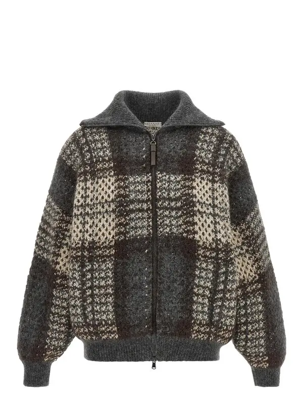 Brunello Cucinelli Dazzling Tartan Mohair, Cashmere, Wool, And Silk Blend Cardigan - Gray