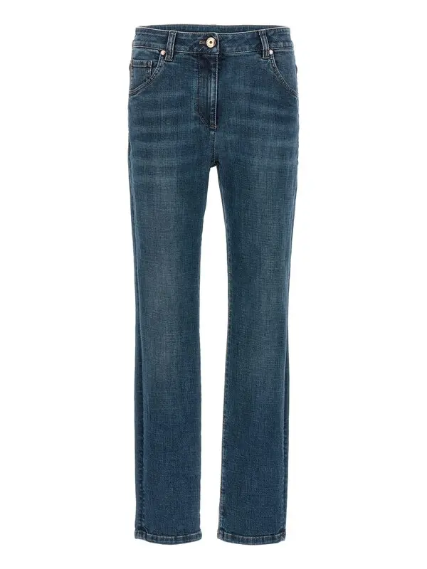 Brunello Cucinelli Monile Embellished Stretch Cotton Denim Jeans - Blue