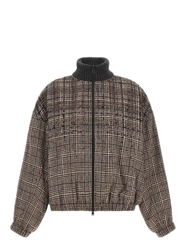 Brunello Cucinelli Sequin Embellished Check Bomber Jacket - Brown