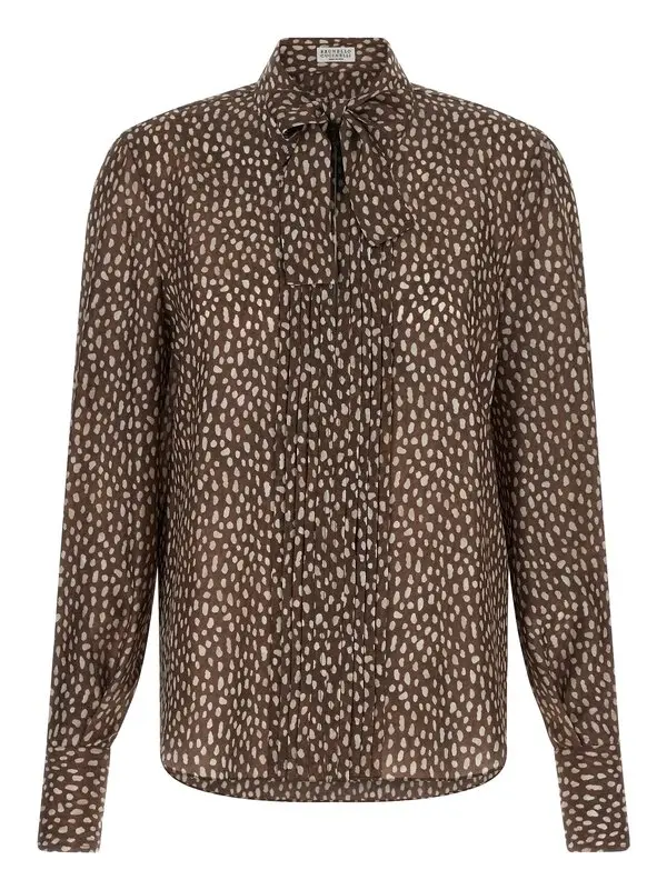Brunello Cucinelli Pure Silk Lavallière Collar Shirt With Abstract Polka Dots - Brown