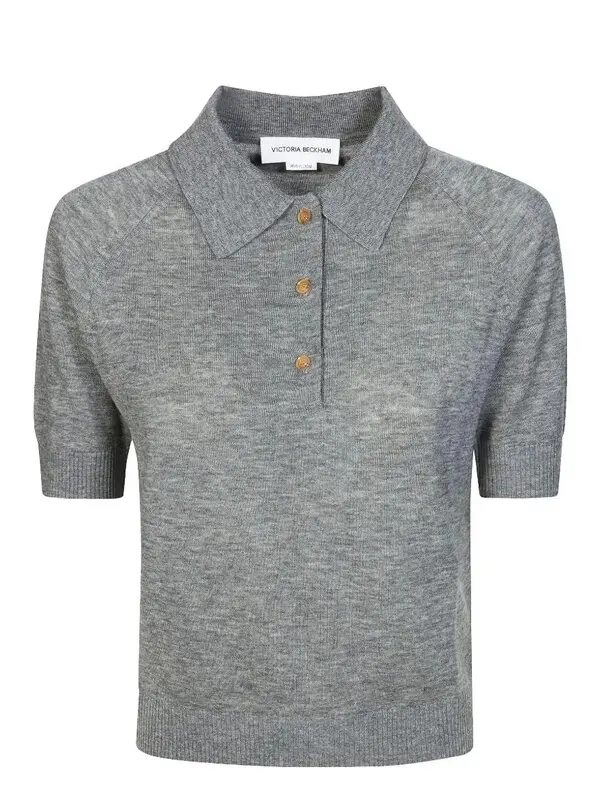 Victoria Beckham Fine Gauge Knitted Polo Top - Gray