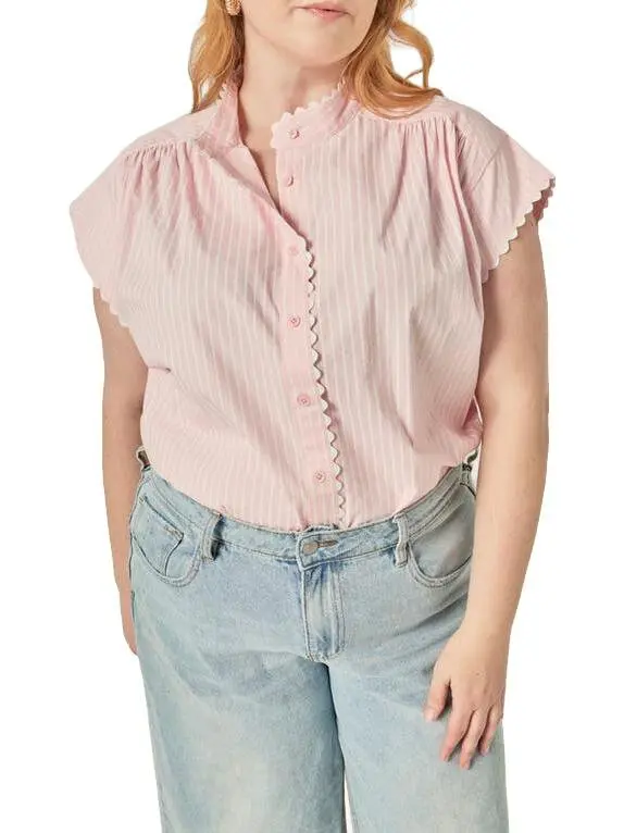 English Factory Ric Rac Scalloped Short Sleeve Cotton Blouse - Pink