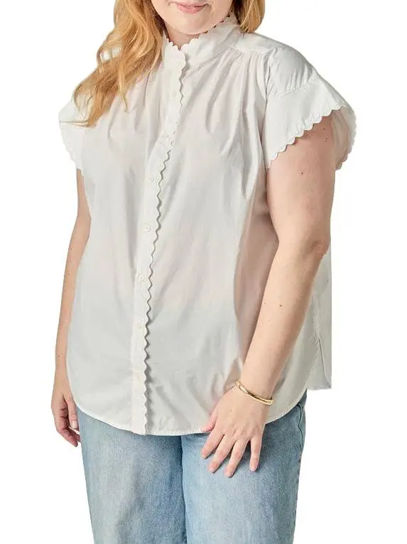 English Factory Ric Rac Scalloped Short Sleeve Cotton Blouse - White