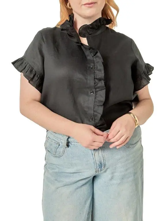 English Factory Ruffled Collar And Cuffs Short Sleeve Shirt - Black