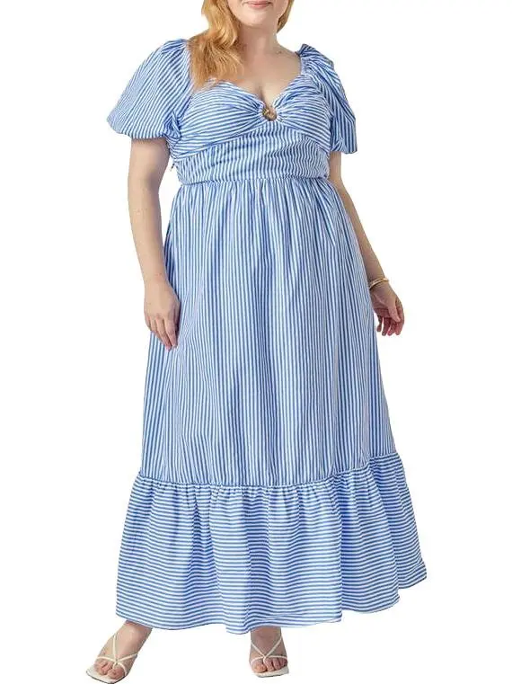English Factory Striped Puff Sleeve Maxi Dress With Starfish Detail - White/blue