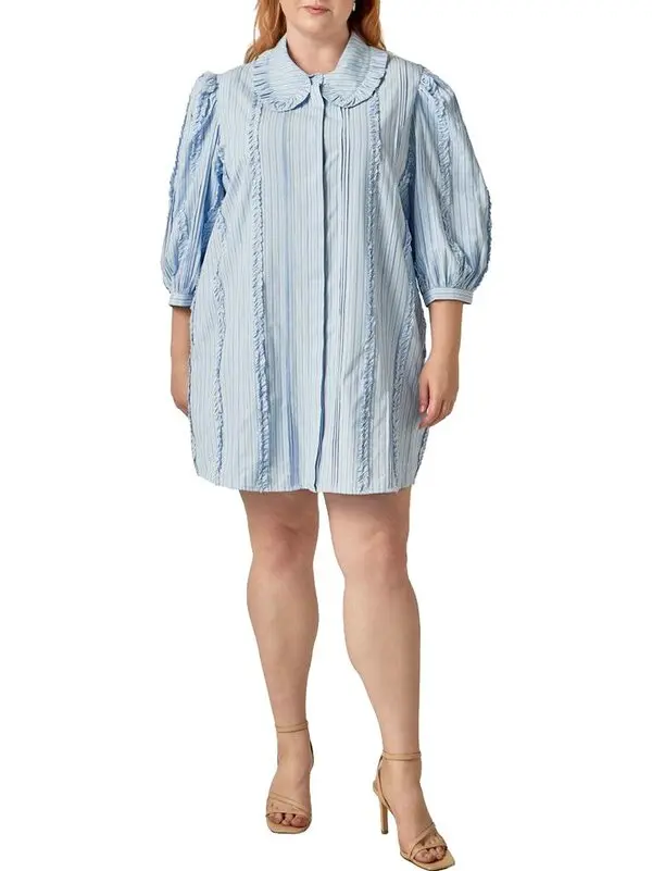 English Factory Pintuck And Ruffle Striped Shirtdress - Blue