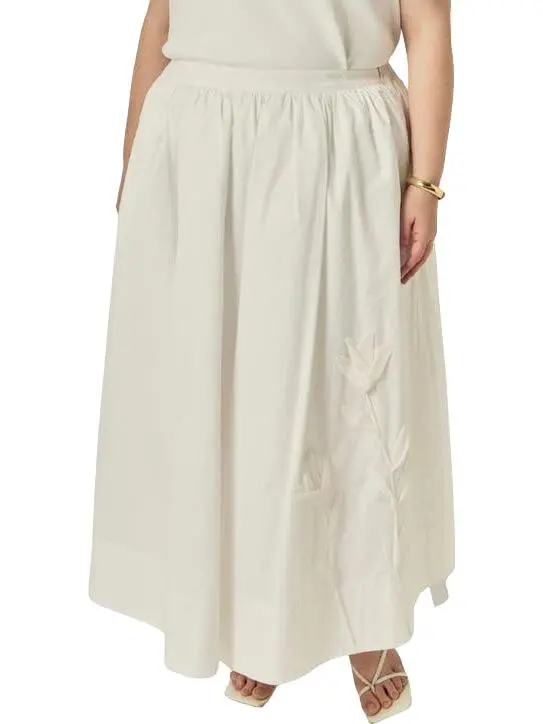 English Factory Appliquéd Floral Midi Skirt - White