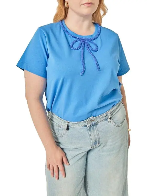 English Factory Embellished Bow Cotton T-shirt - Blue