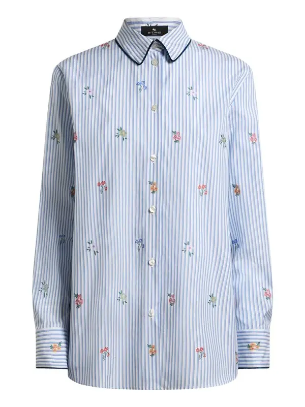 Etro Striped Cotton Shirt With Floral Embroidery - Blue