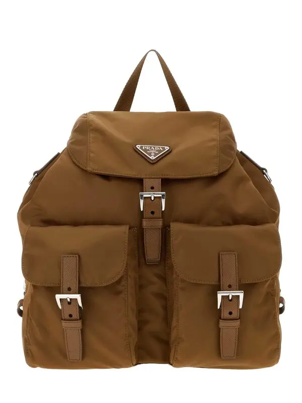 Prada Canvas Backpack With Silver Tone Buckle Details - Brown