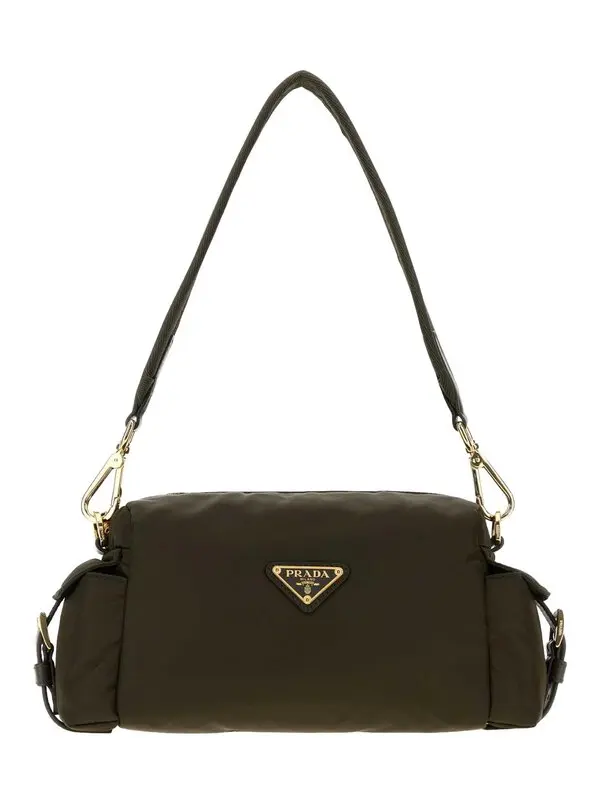 Prada Olive Canvas Shoulder Bag With Golden Metal Finishing - Green
