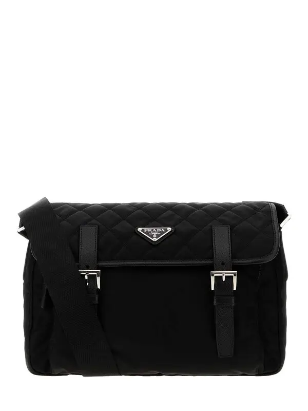 Prada Quilted Fabric Cross Body Bag With Silver Tone Finishing - Black