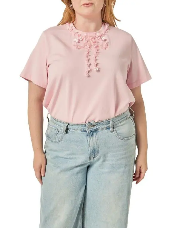 English Factory Embellished Bow Neck T-shirt - Light Pink