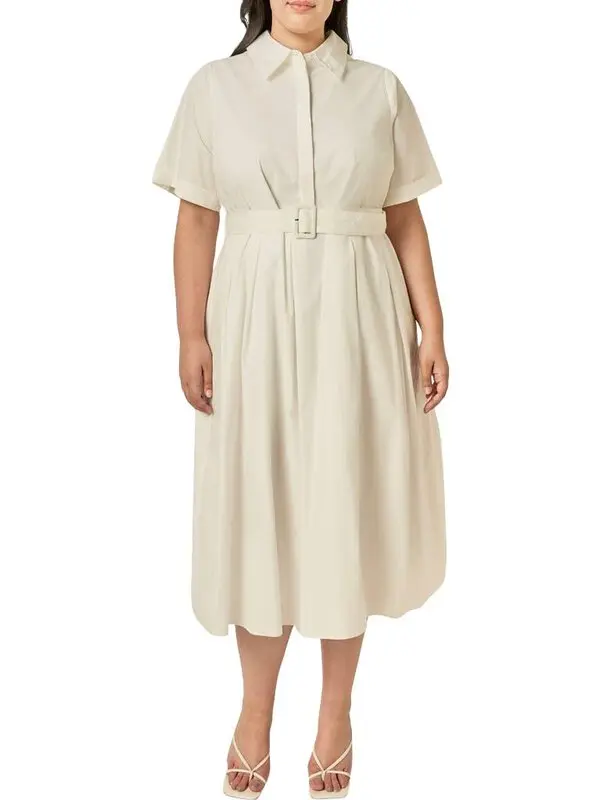 English Factory Belted Cotton Midi Shirt Dress With Spread Collar And Flared Skirt - White
