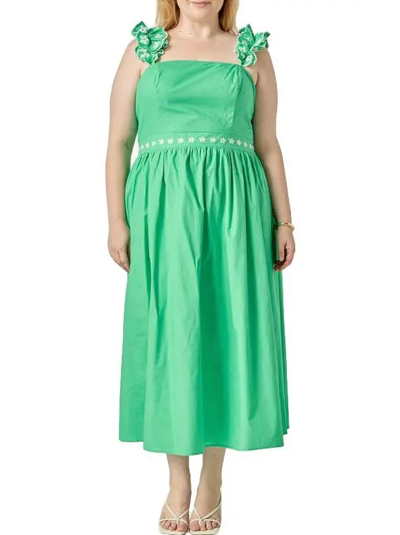 English Factory Floral Embroidered Ruffle Midi Dress - Green
