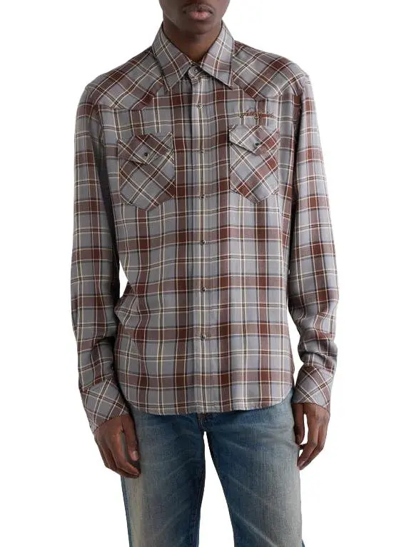 Acne Studios Surrow Embroidered Logo Plaid Flannel Western Shirt - Multi Grey