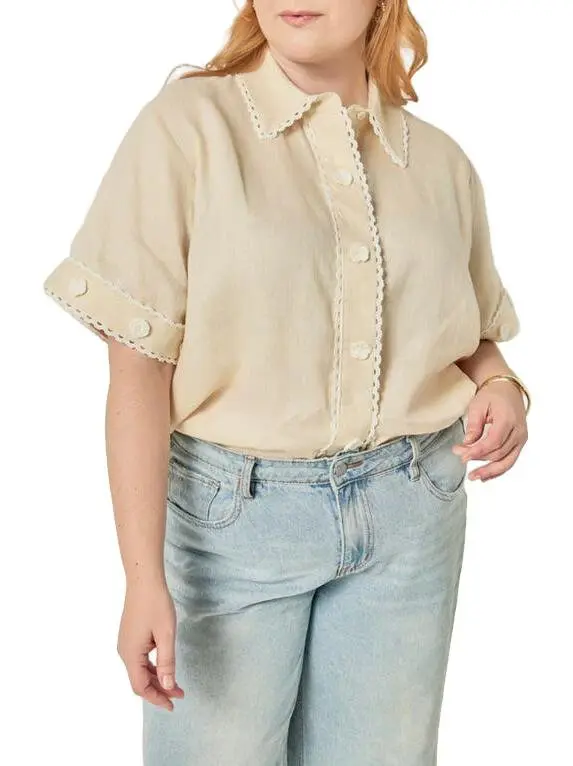 English Factory Floral Appliqué Linen Shirt - Light Beige