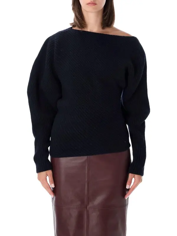 Alberta Ferretti Asymmetrical Ribbed Knit Sweater With Voluminous Balloon Sleeves - Blu