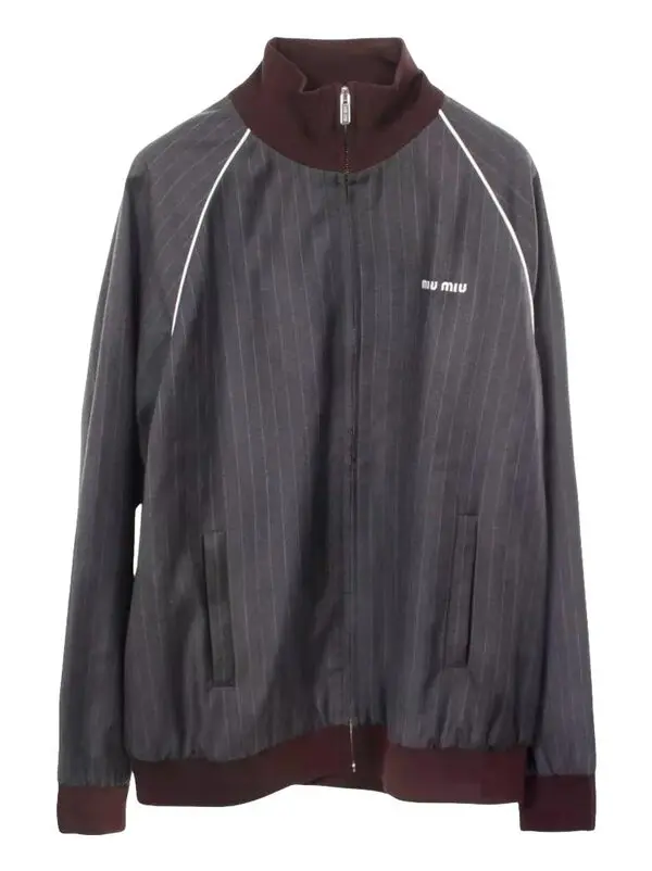 Miu Miu Pinstripe Logo Embroidered Zip-up Jacket - Grey