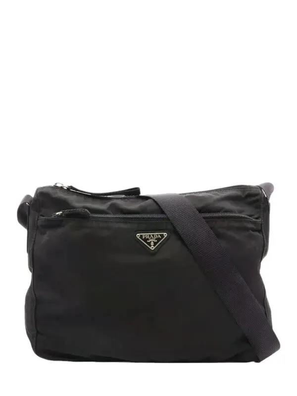 Prada Tessuto Logo Plate Shoulder Bag - Black
