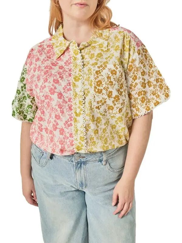 English Factory Floral Colorblocked Linen-rich Shirt - Yellow Multi