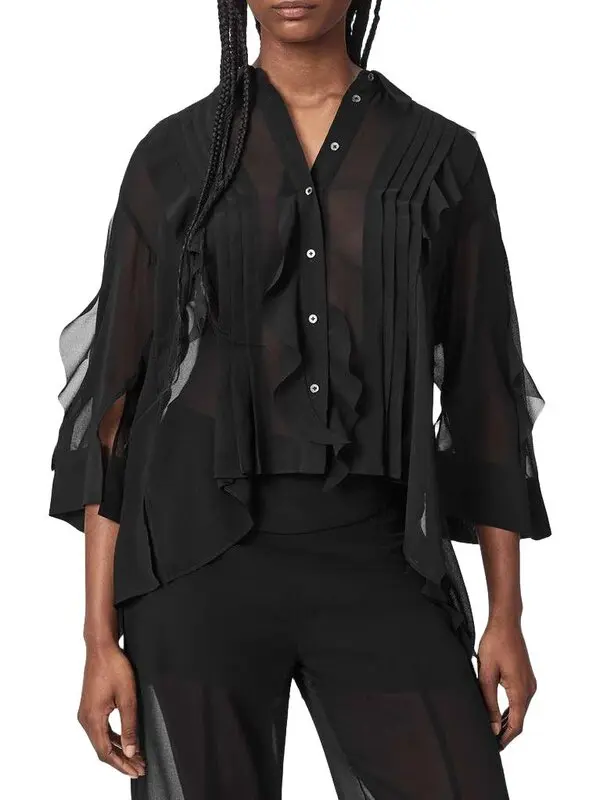 ALLSAINTS Minna Pleated Ruffle Shirt - Black