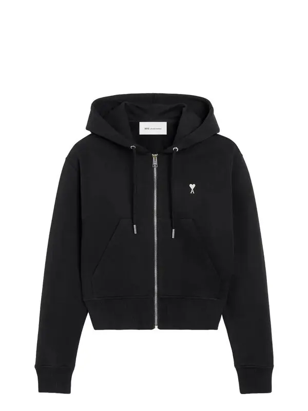 AMI Paris Zipped Cotton Hoodie With De Coeur Embroidery - Black
