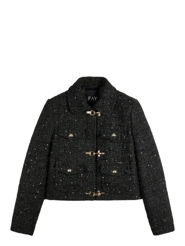 FAY Boucle Tweed Jacket With Sequins And Metal Trims - Black